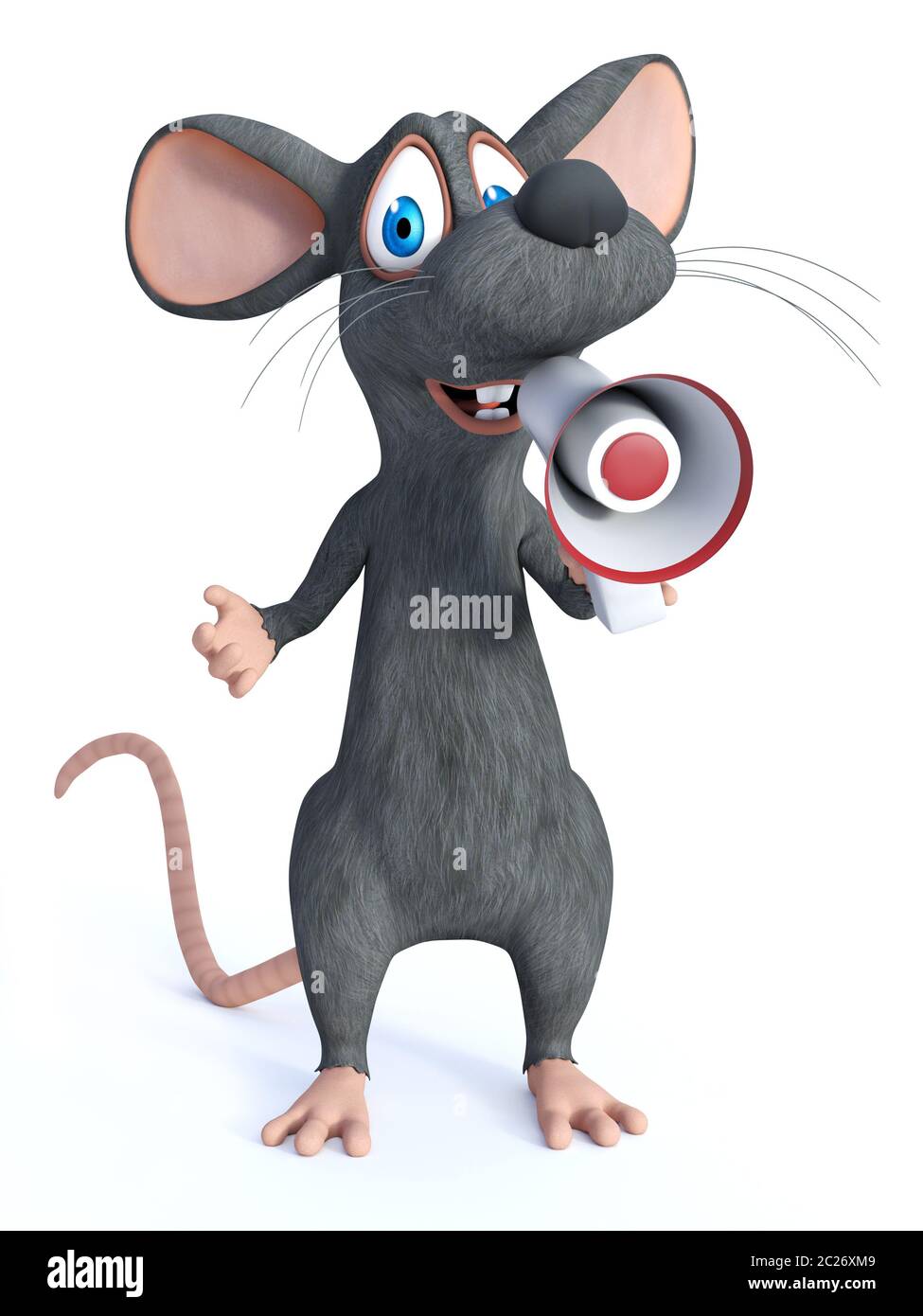 3D rendering of a cute smiling cartoon mouse holding and speaking into ...