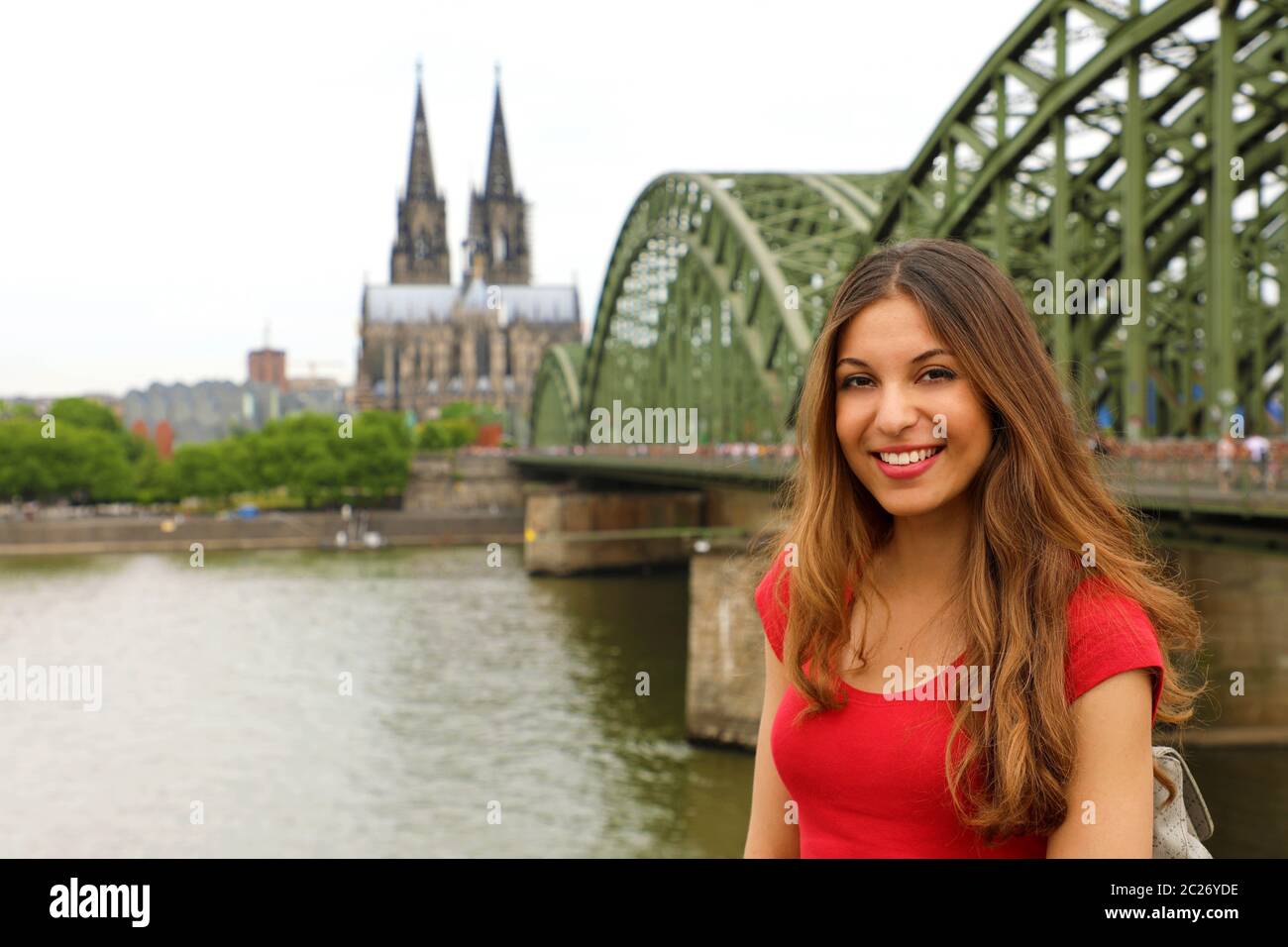 Europe tourist traveler woman. Happy smiling girl enjoying travel in ...