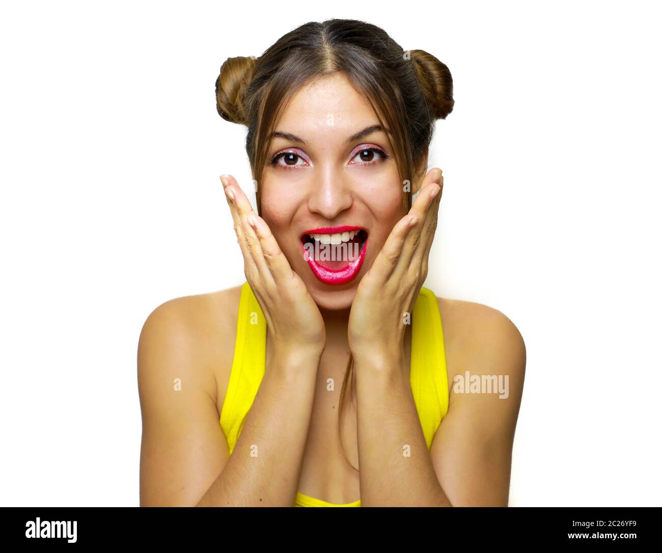 Excited surprised girl screaming standing isolated over white ...