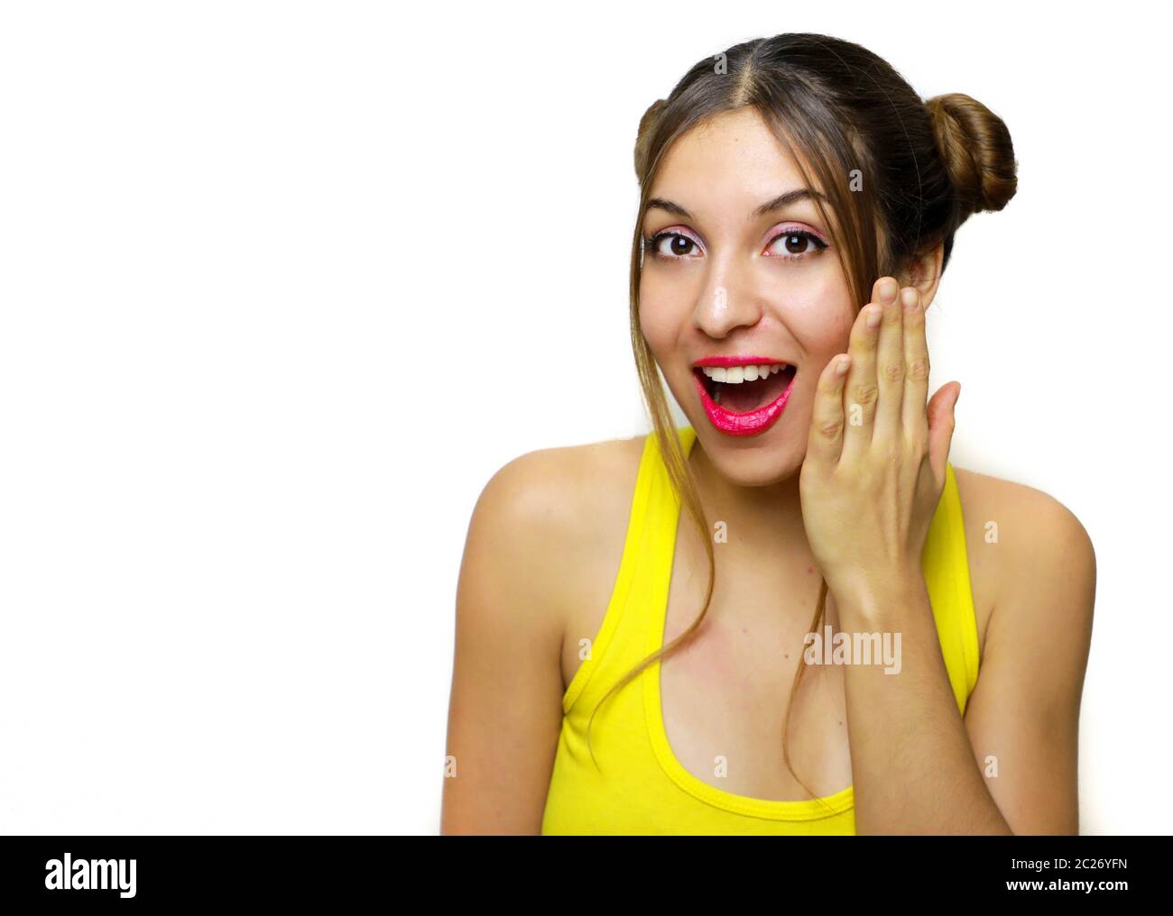 Excited surprised girl screaming standing isolated over white ...