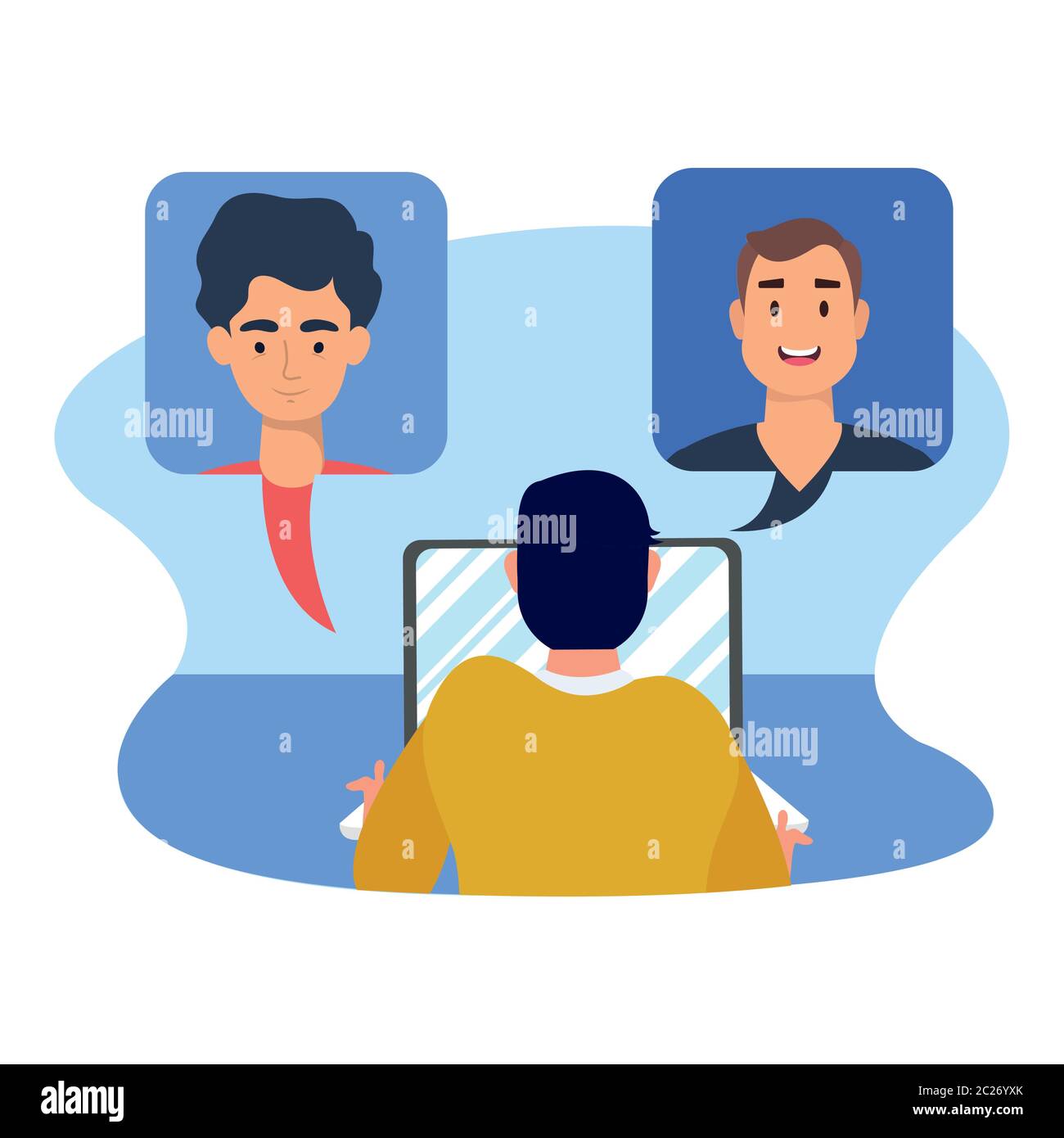 Man with laptop and video chat bubbles design of Work from home theme ...