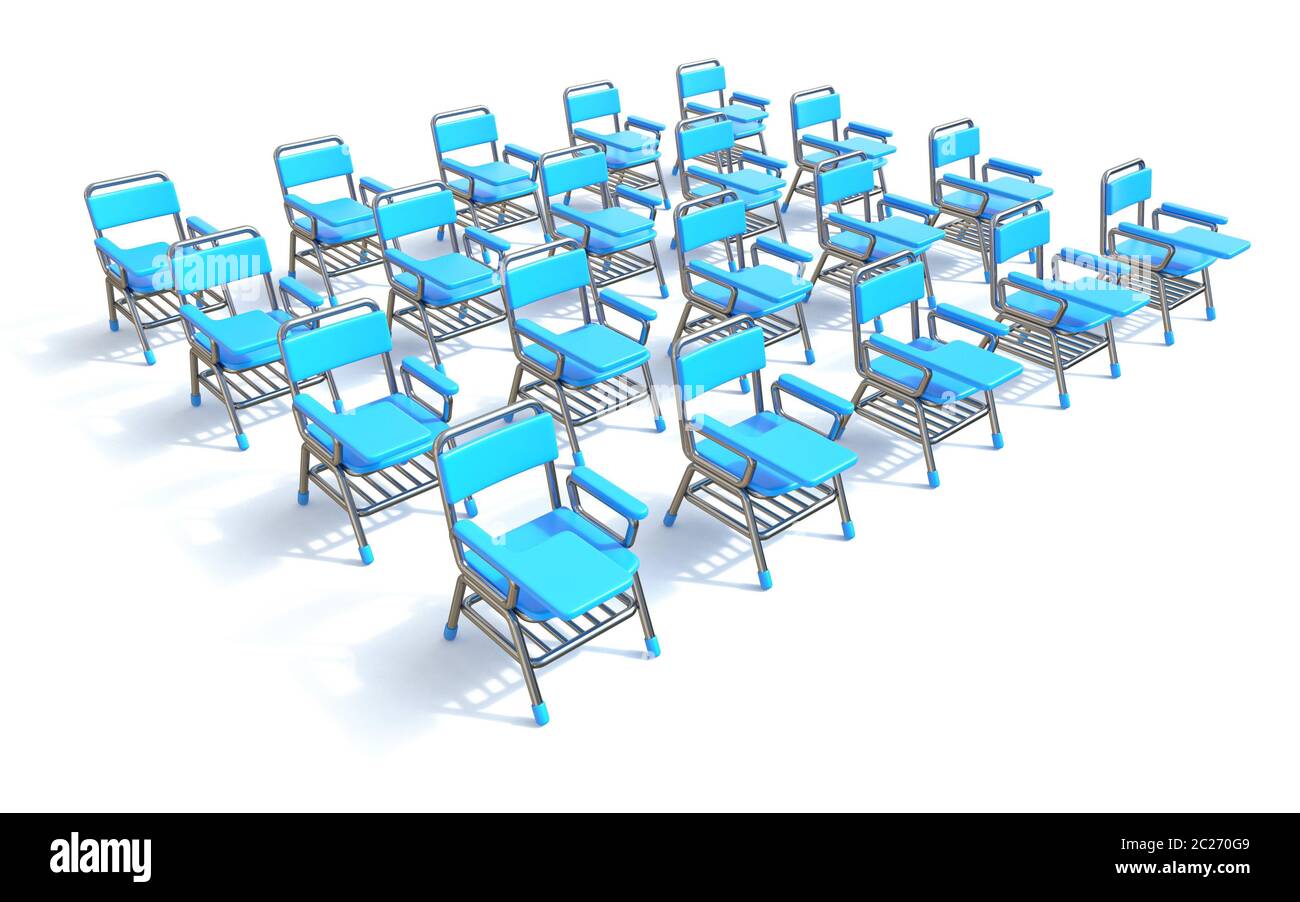 Group of twenty blue student chairs 3D render perspective illustration ...