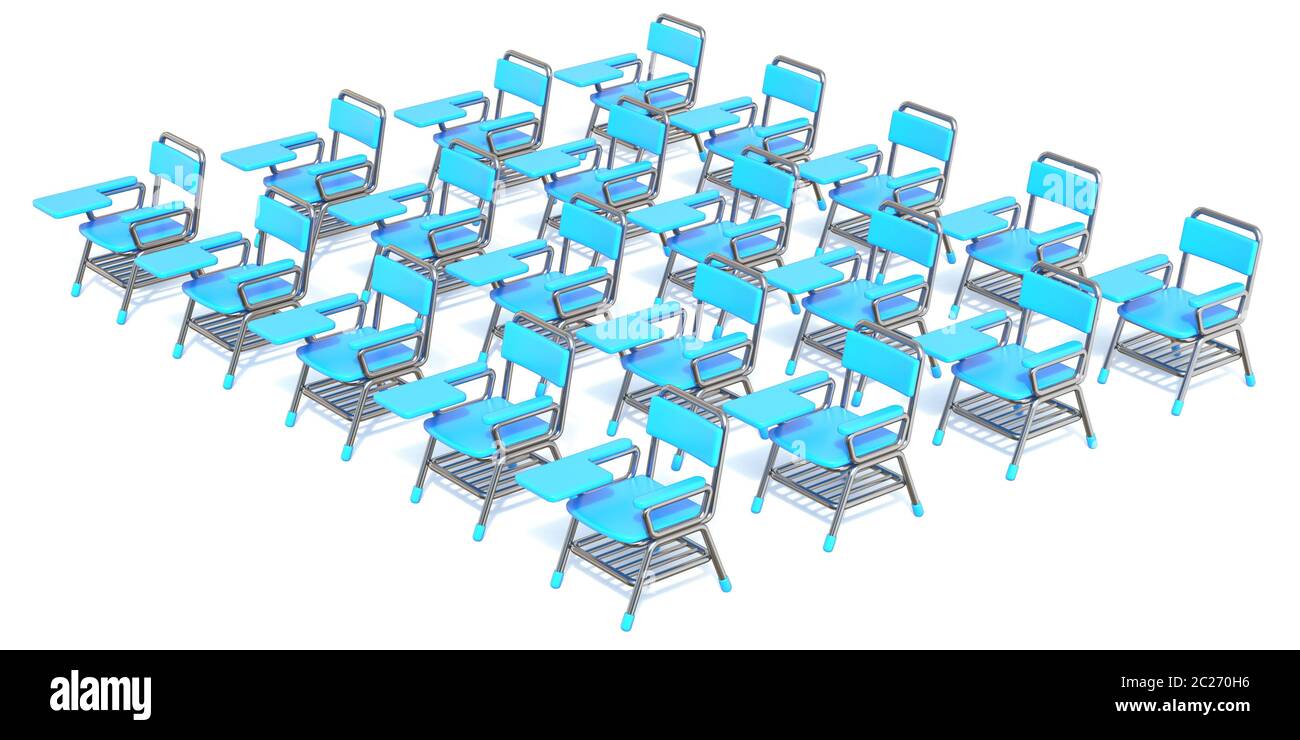 Group of twenty blue student chairs 3D render orthographic illustration ...