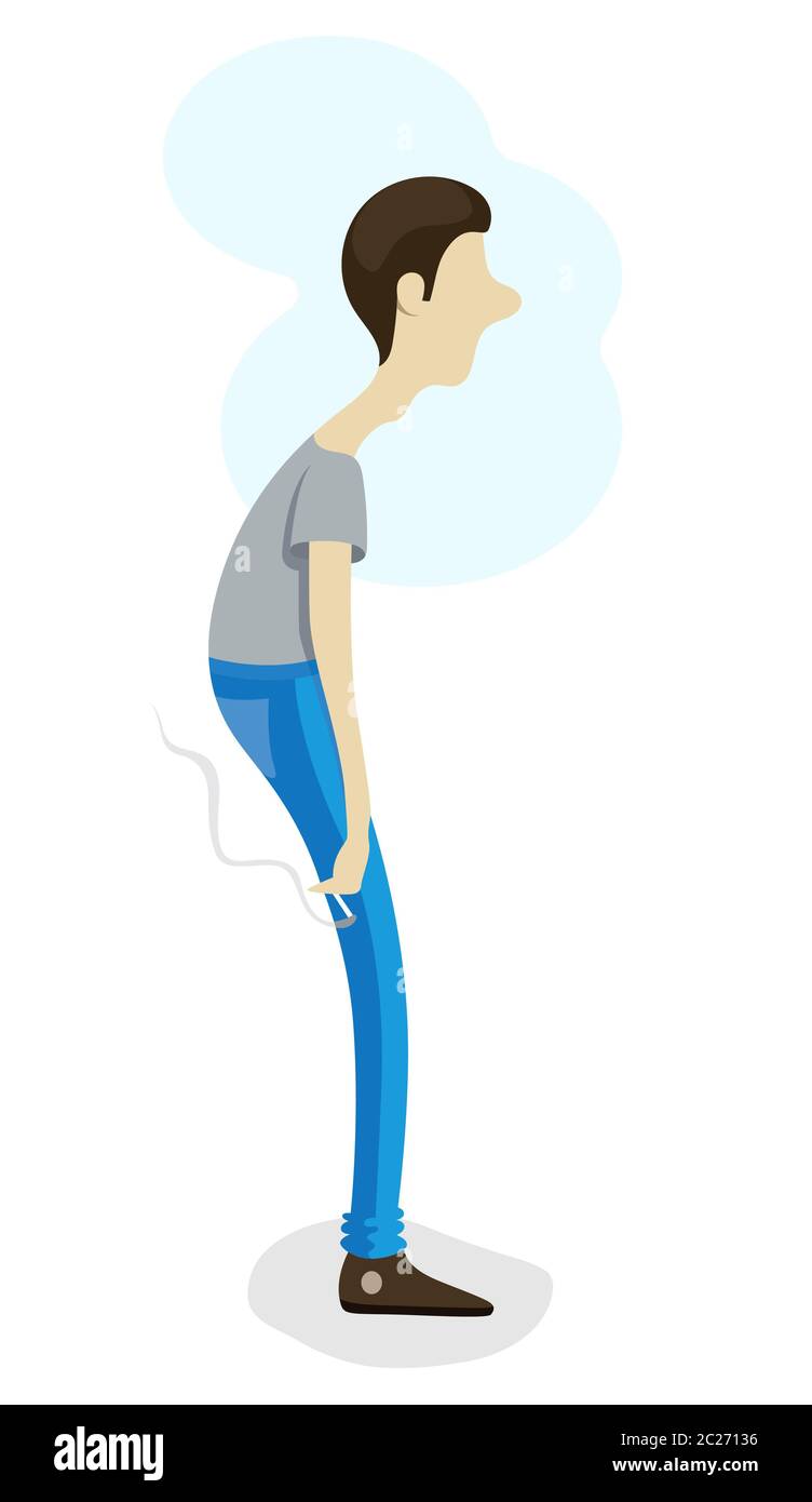 Skinny hunched guy stands with a smoking cigarette. Cartoon Flat Vector ...