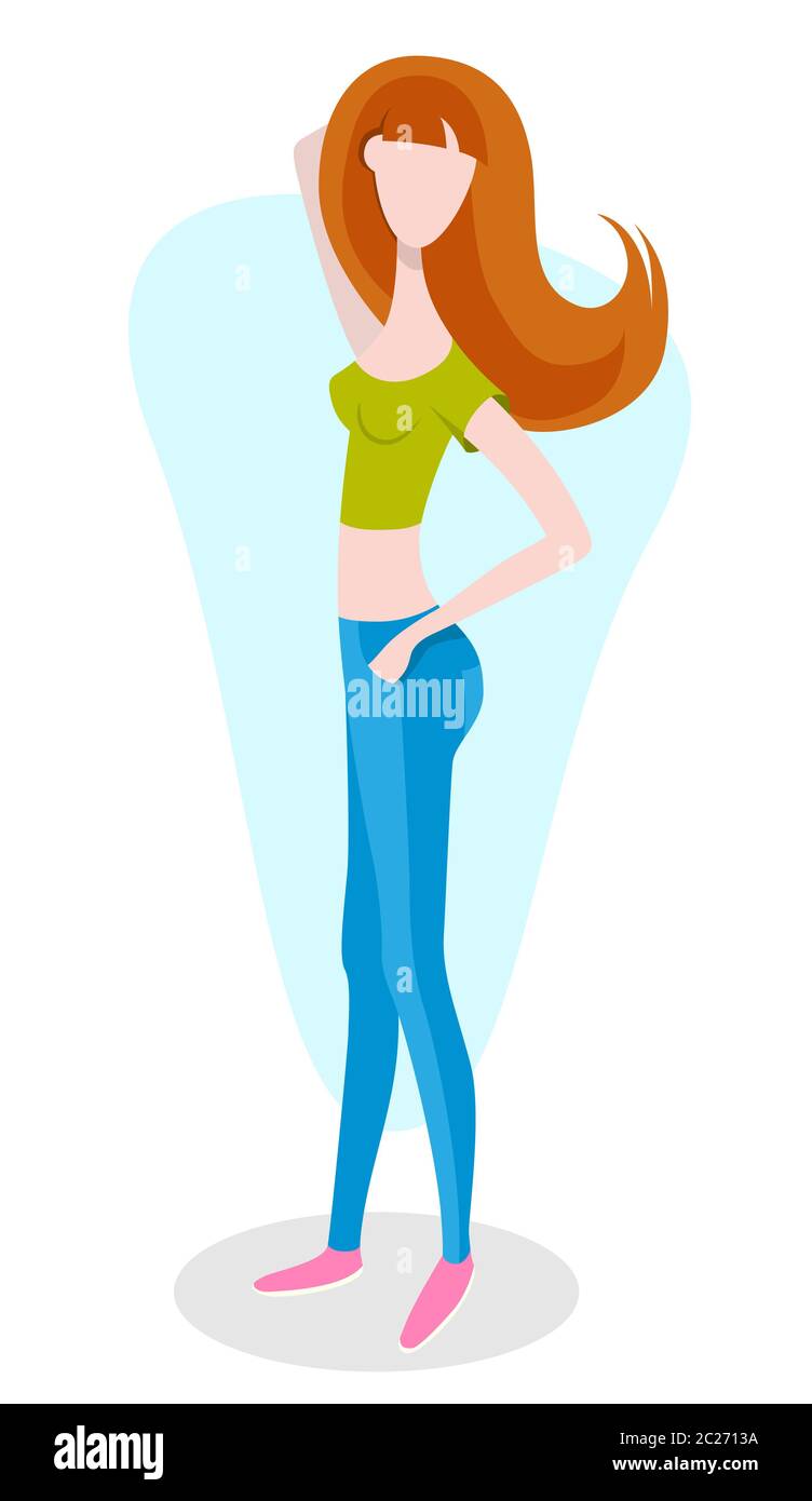 Confident slender young girl with red hair. Cartoon Flat Vector ...