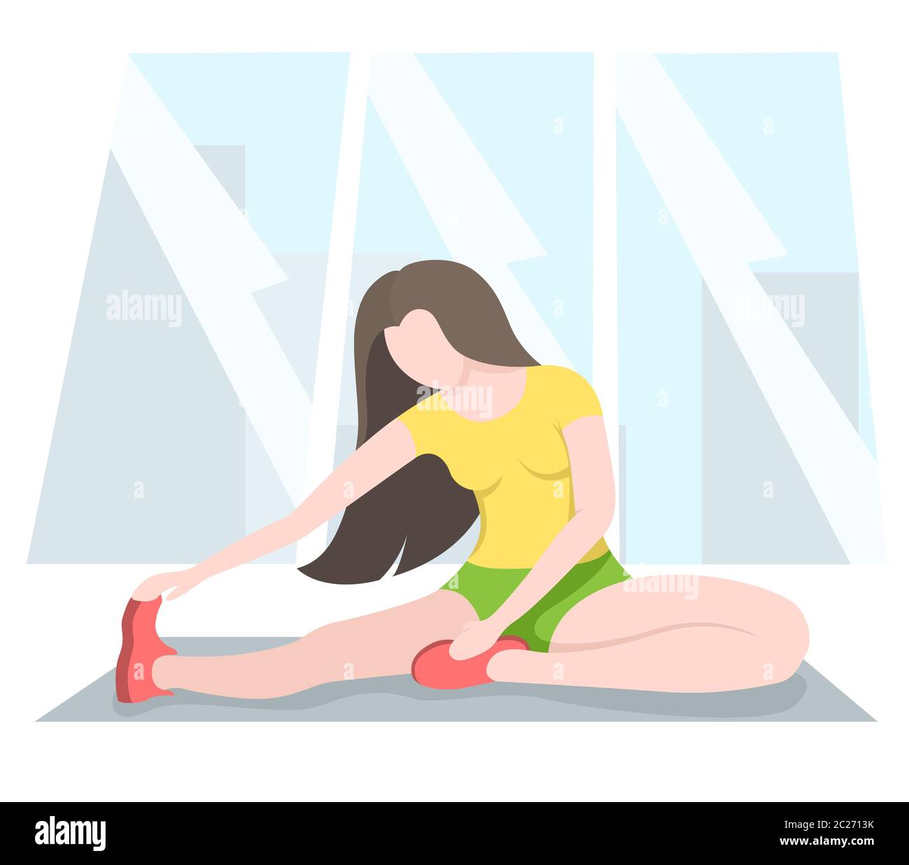 Girl is training in the fitness room, doing stretching muscles. Cartoon ...