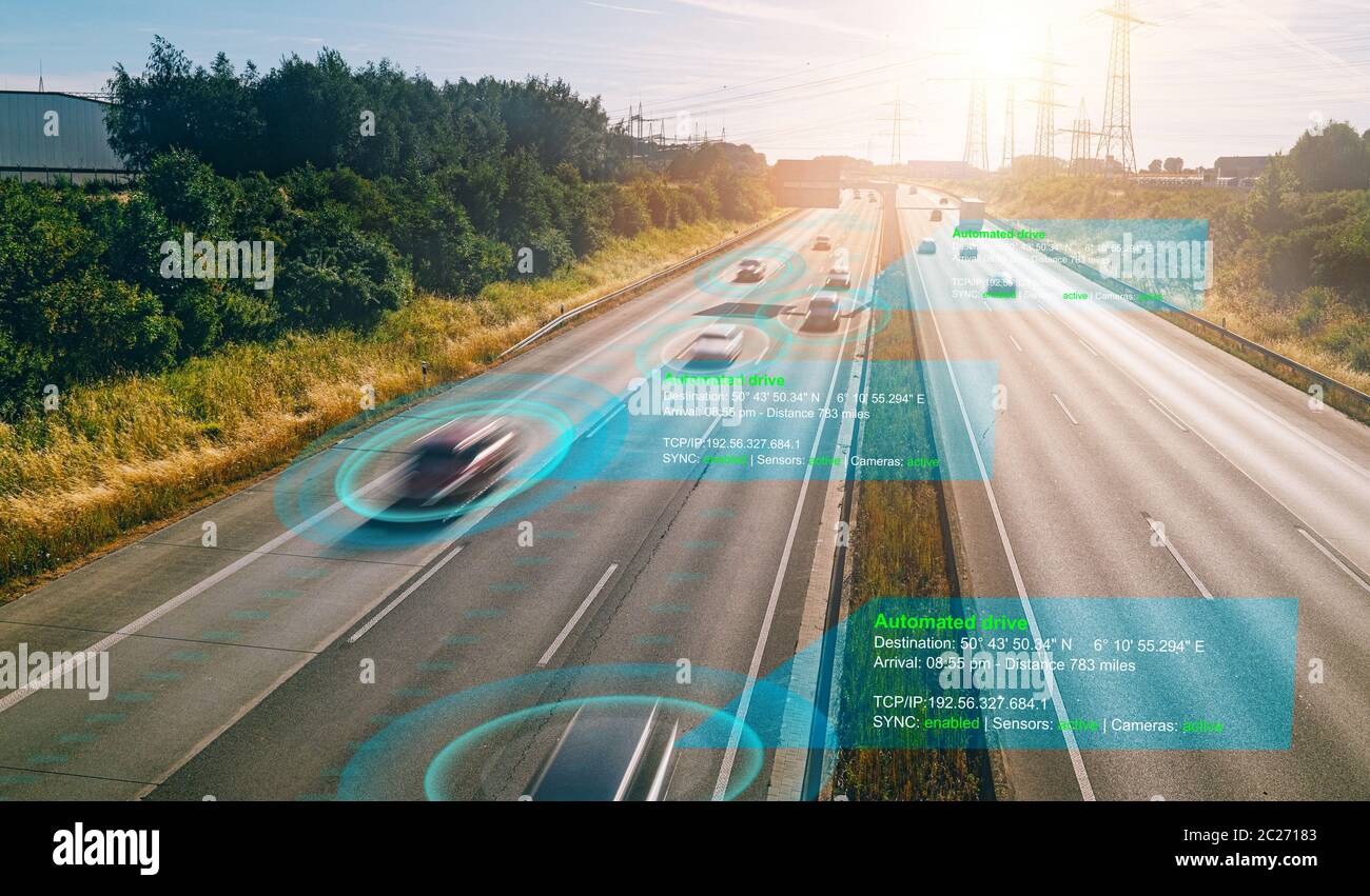 Smart car (HUD) , Autonomous self-driving mode vehicle on highway road ...