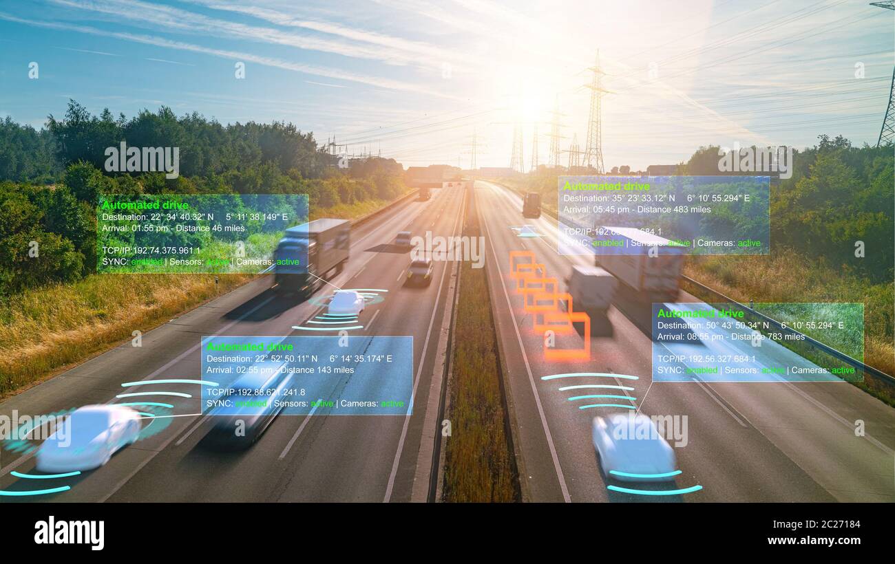 Smart car (HUD) , Autonomous self-driving mode vehicle on highway road ...