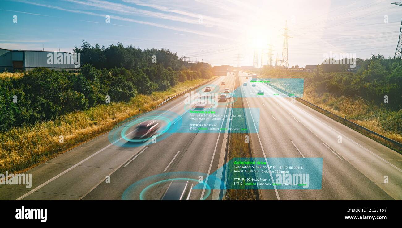 Smart car (HUD) , Autonomous self-driving mode vehicle on highway road ...