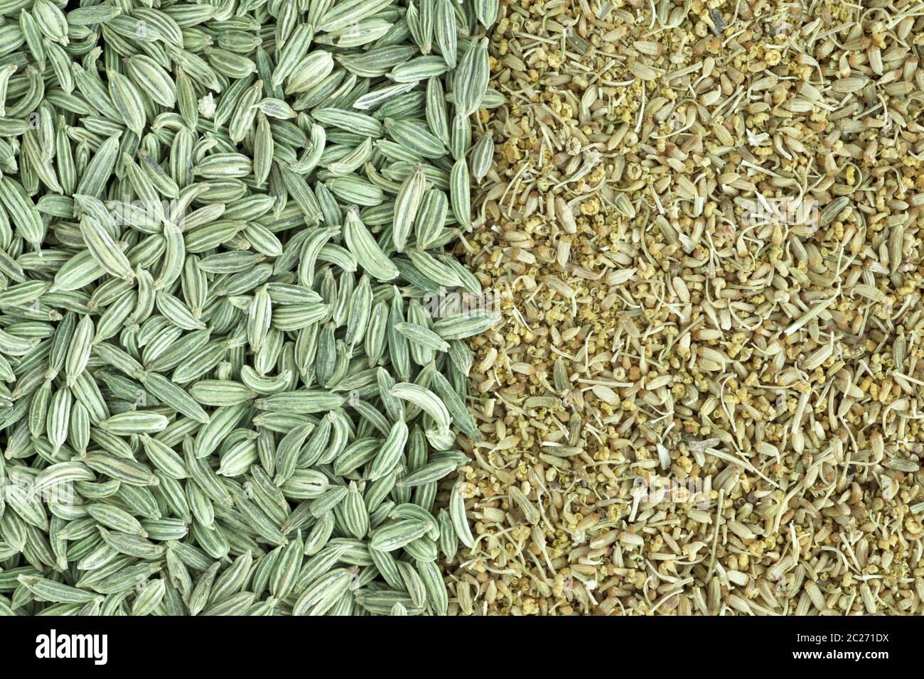 Fennel seeds and pollen spliting image in the middle, for texture or ...