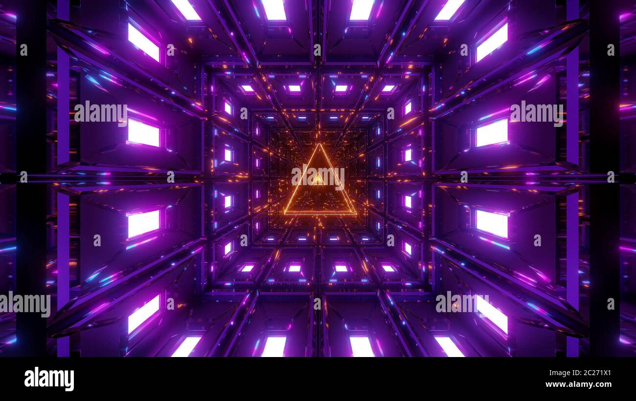 purple tunnel with nice reflection and orange wireframe background 3d ...