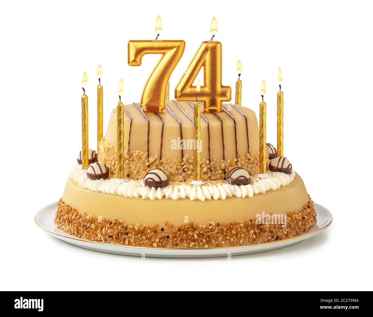 Festive cake with golden candles - Number 74 Stock Photo - Alamy