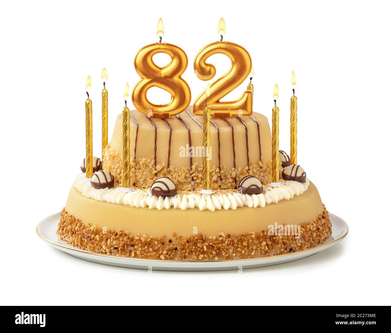 Festive cake with golden candles - Number 82 Stock Photo - Alamy