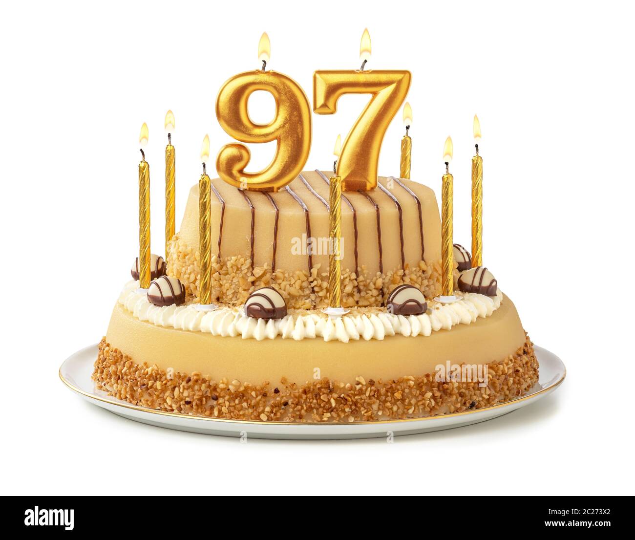 Festive cake with golden candles - Number 97 Stock Photo - Alamy