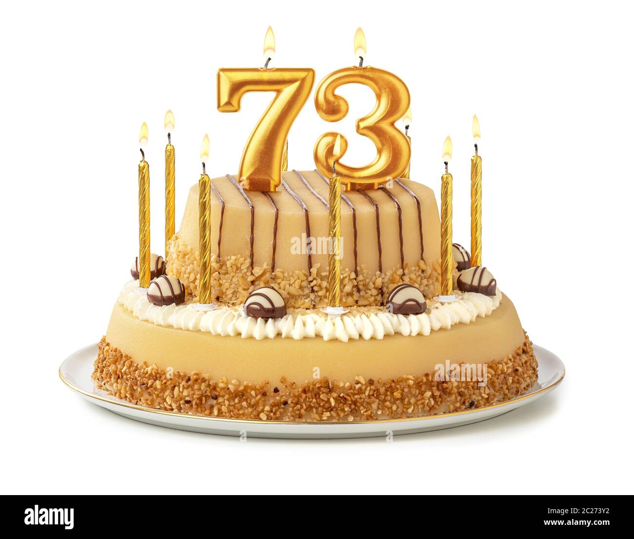 Festive cake with golden candles - Number 73 Stock Photo - Alamy