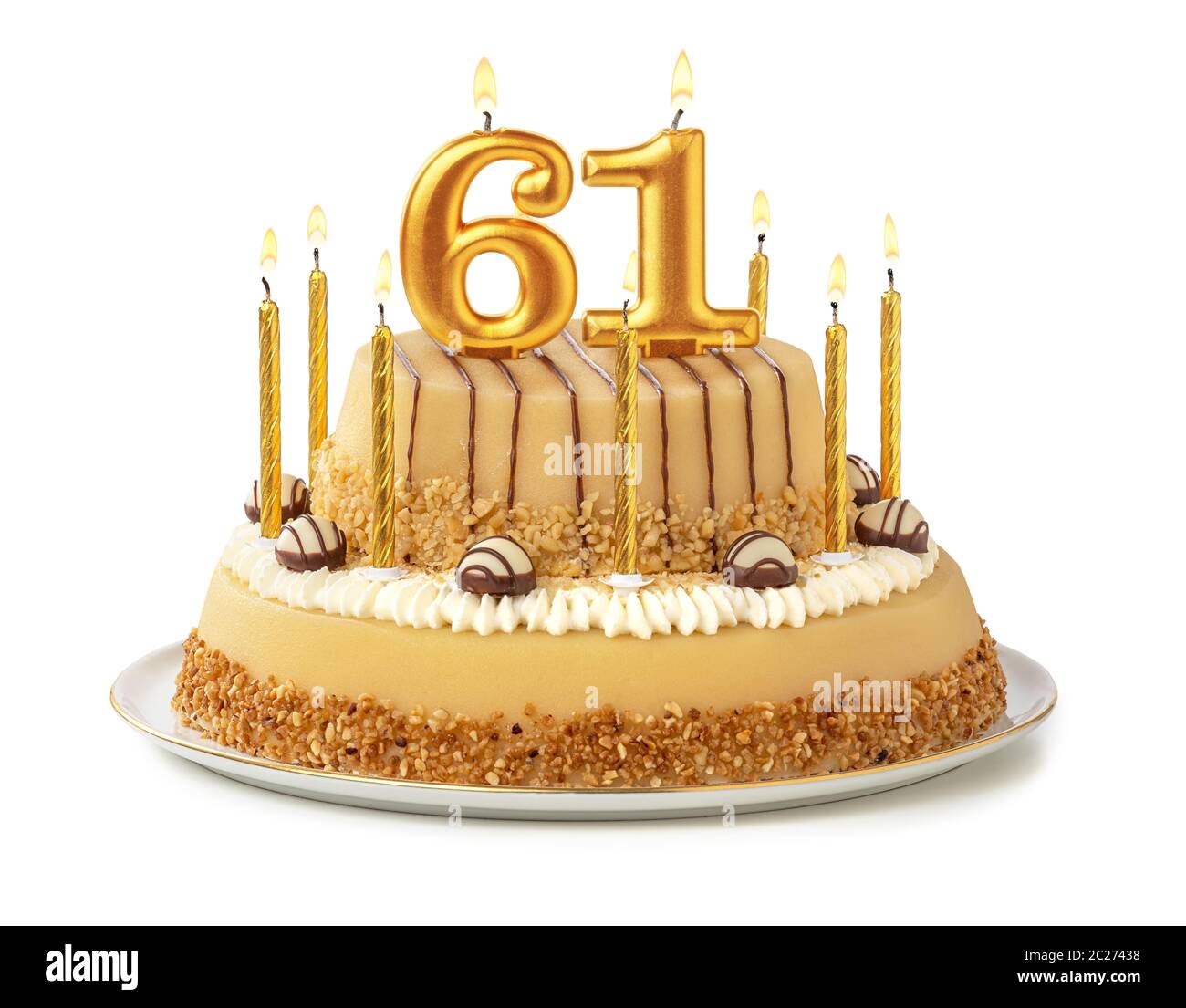 Festive cake with golden candles - Number 61 Stock Photo - Alamy