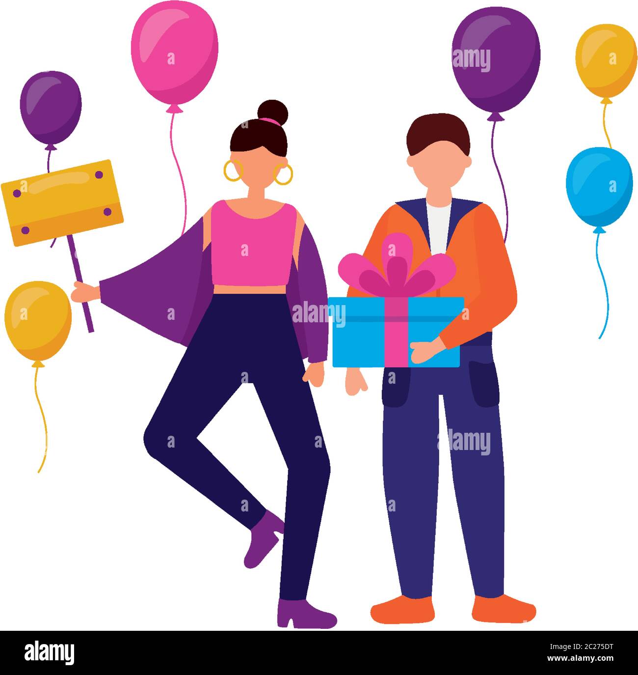 woman and man avatar with gift and balloons design, Happy birthday card ...