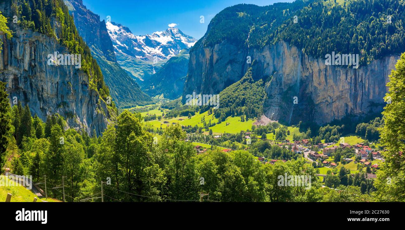 Panoramic view of Lauterbrunnen valley, village of Lauterbrunnen, the ...