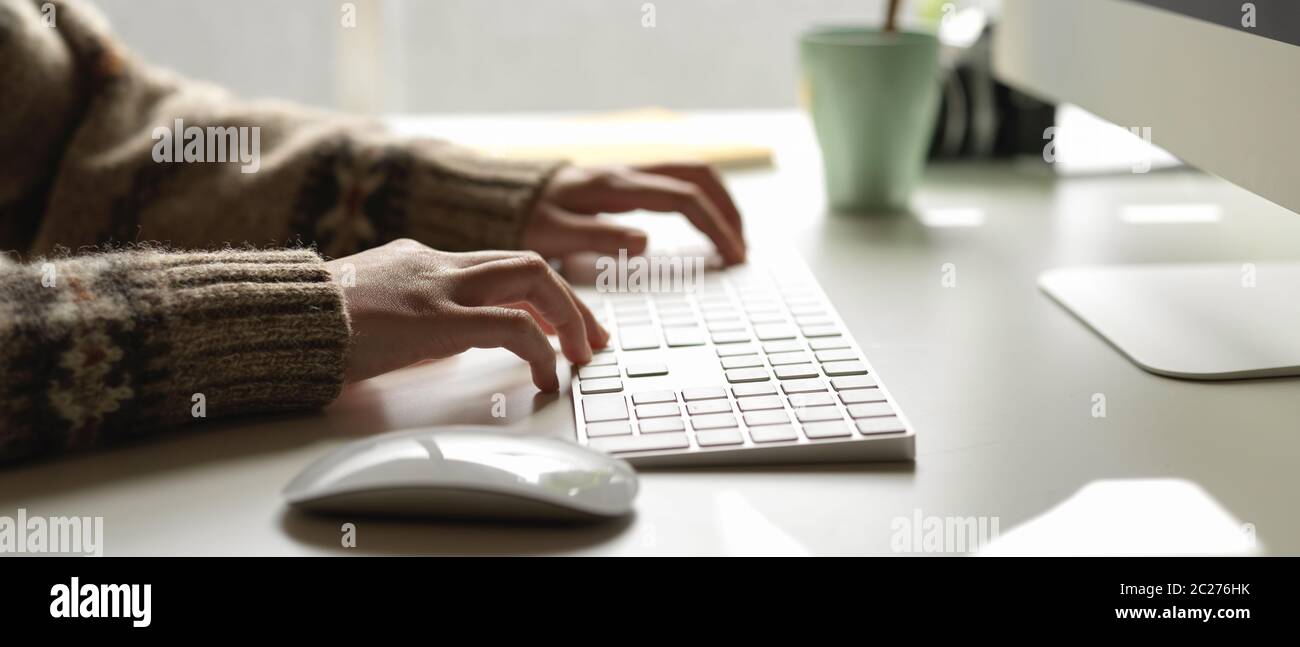 Side view of female employee typing on computer keyboard on minimal ...