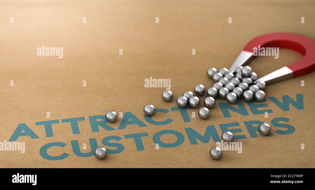 3D illustration. Slogan attract new customers written on paper ...