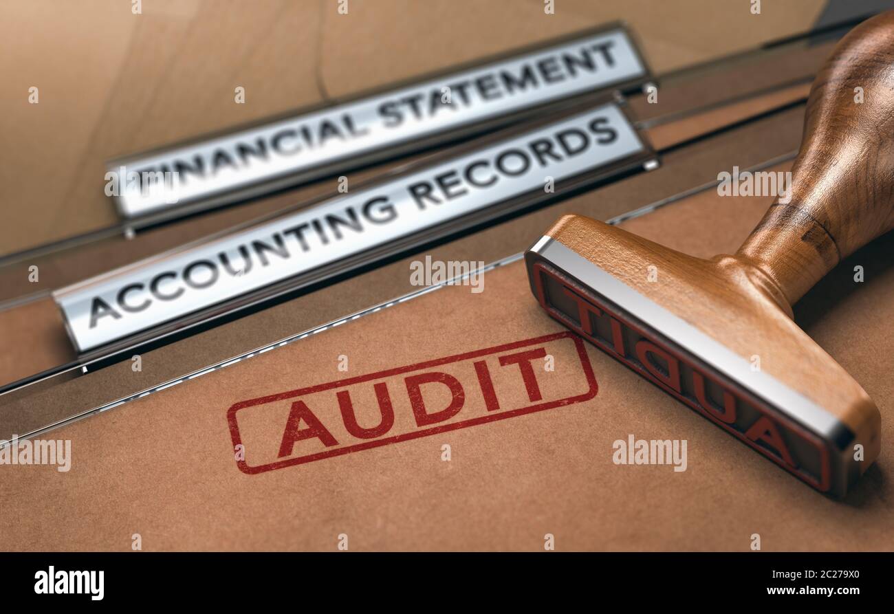 Rubber stamp over two folders with the text financial statements ...