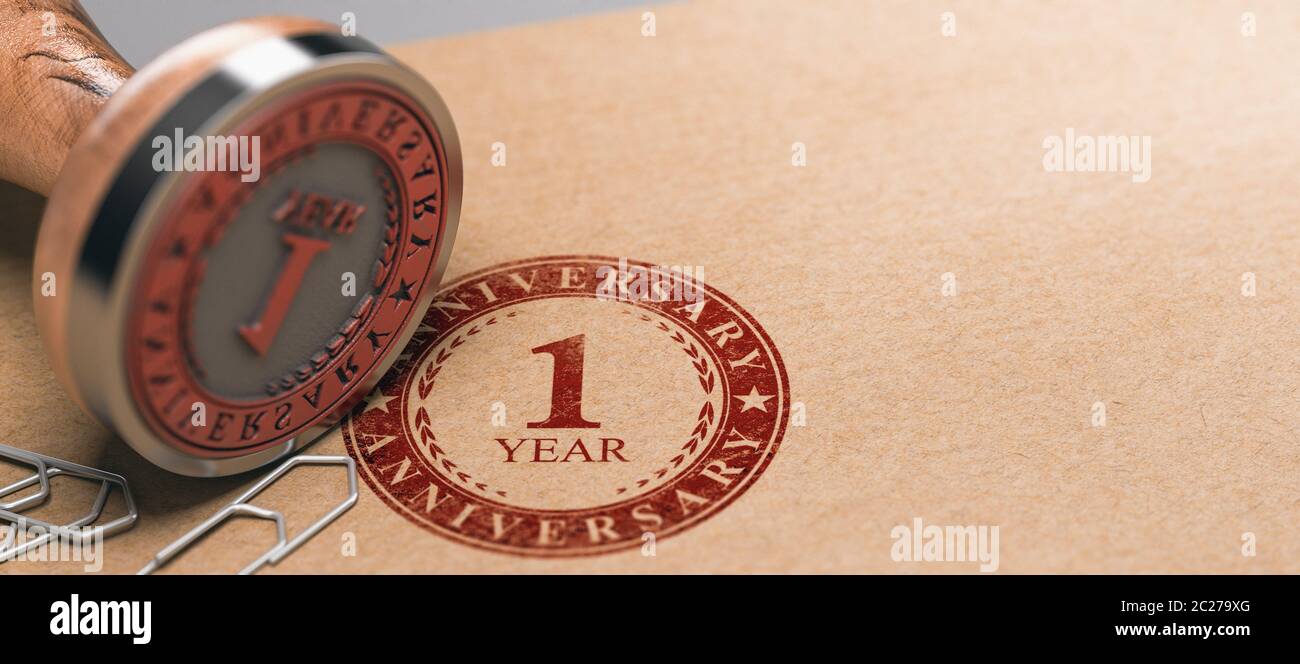 Rubber stamp with the text one year anniversary printed on a brown ...