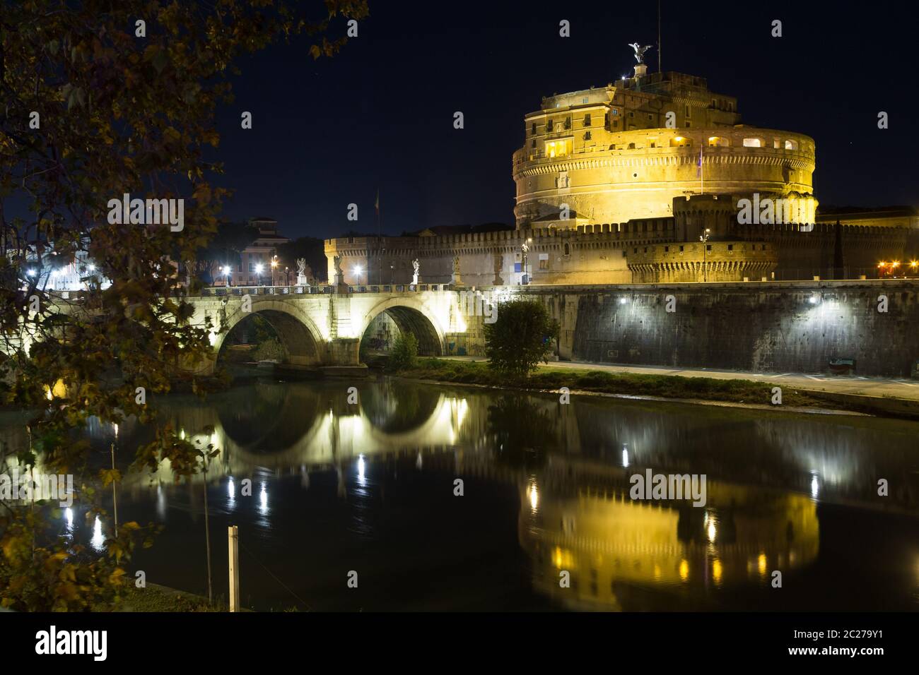Night scene of Rome, Tevere river and Mausoleum of Hadrian. Italian ...