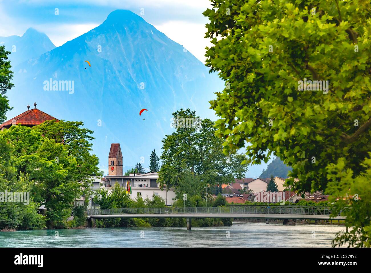 Panoramic view of Old City of Unterseen with Church and Aare river ...
