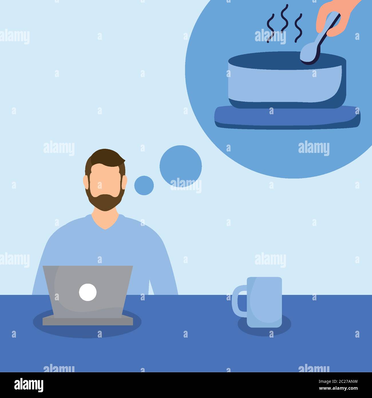 Man with laptop thinking in cooking design of Work from home theme ...