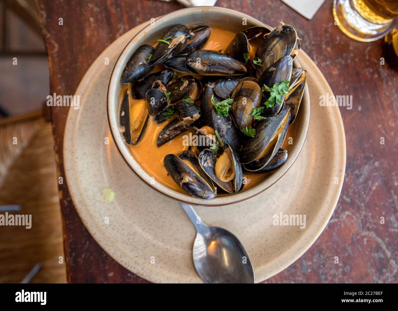 Closeup of traditional dish of French cuisine, appetizing seafood soup ...