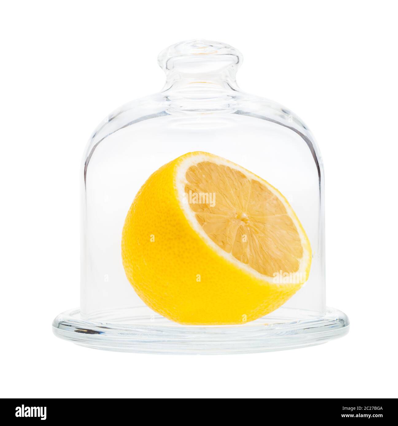 half of yellow lemon in Glass Lemon Keeper isolated on white background ...
