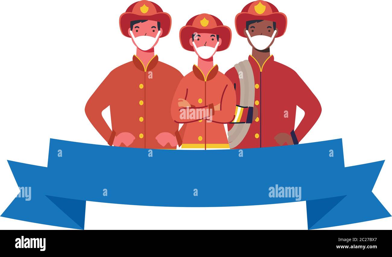 firefighters men with masks and ribbon design, Workers occupation and ...