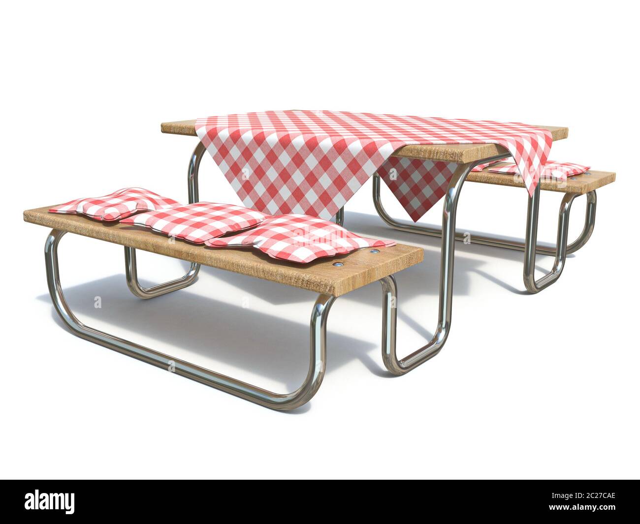 Wooden metal picnic table with red table cover and pillows 3D Stock ...