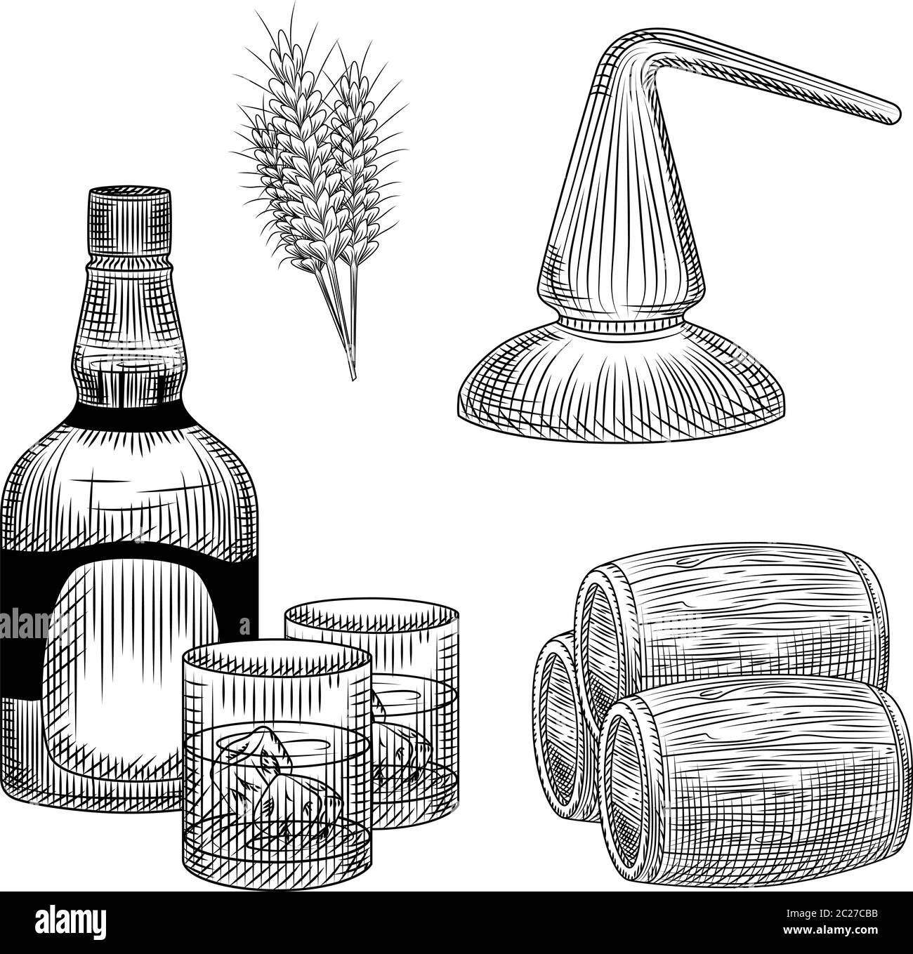 Set of whiskey production process in hand drawn style. Bottle of ...