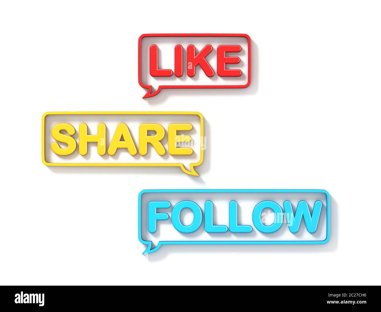 Speech bubbles LIKE, SHARE, FOLLOW concept 3D Stock Photo - Alamy