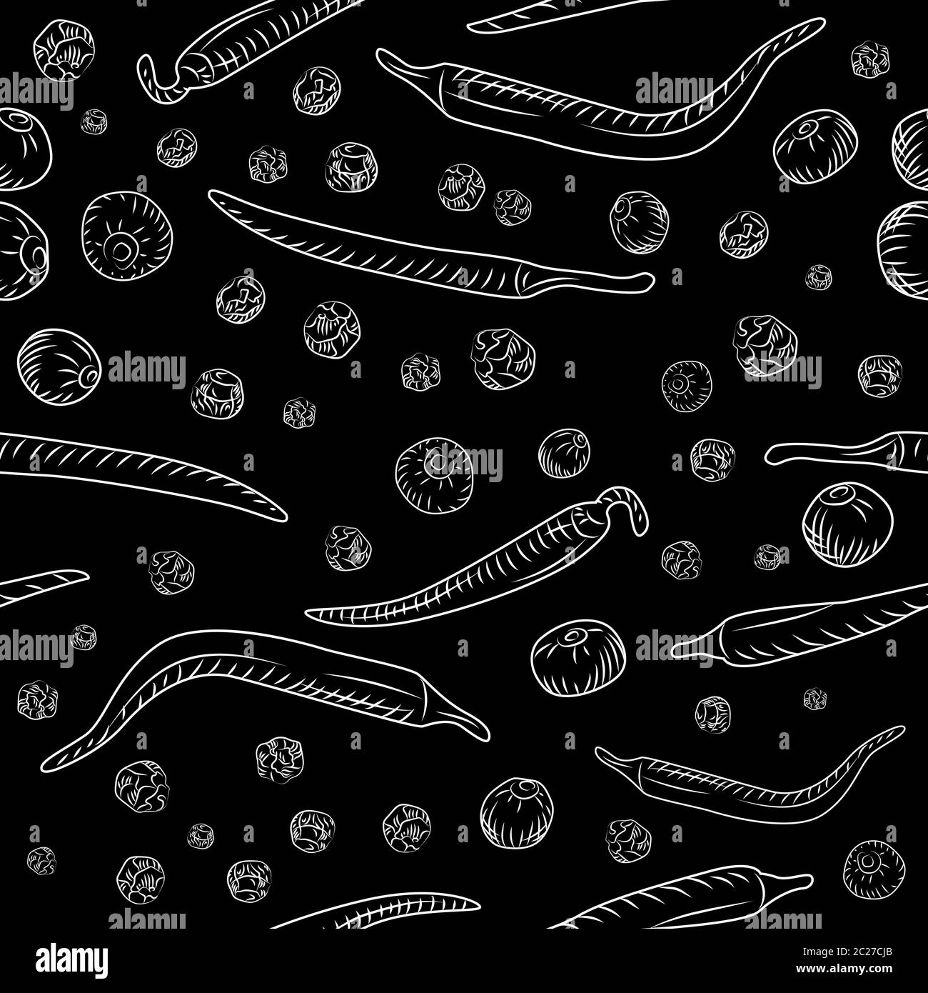 Chilli pepper and black pepper seamless pattern on blackboard ...