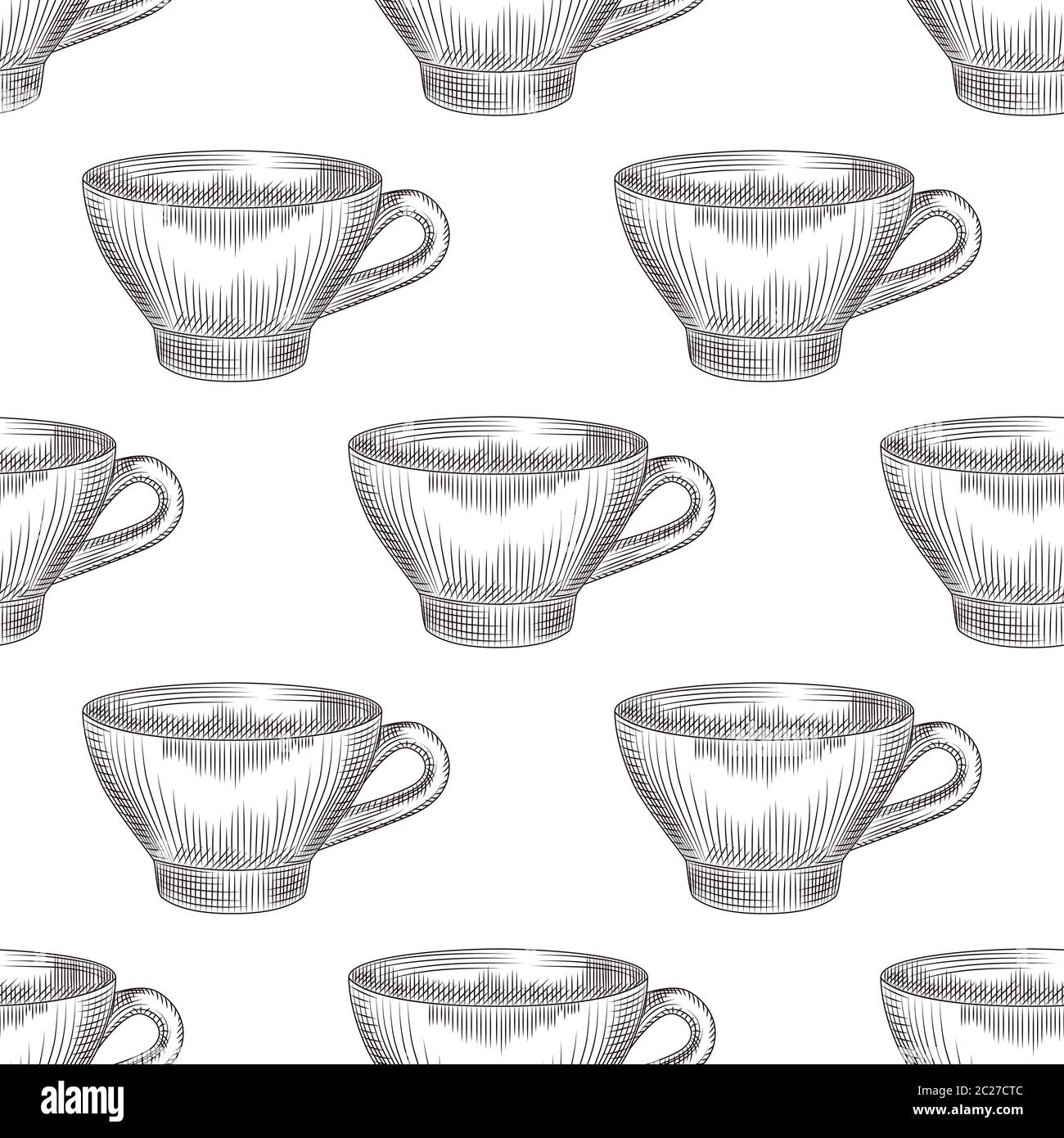 Hand drawn cup of tea seamless pattern on white background. Engraving ...