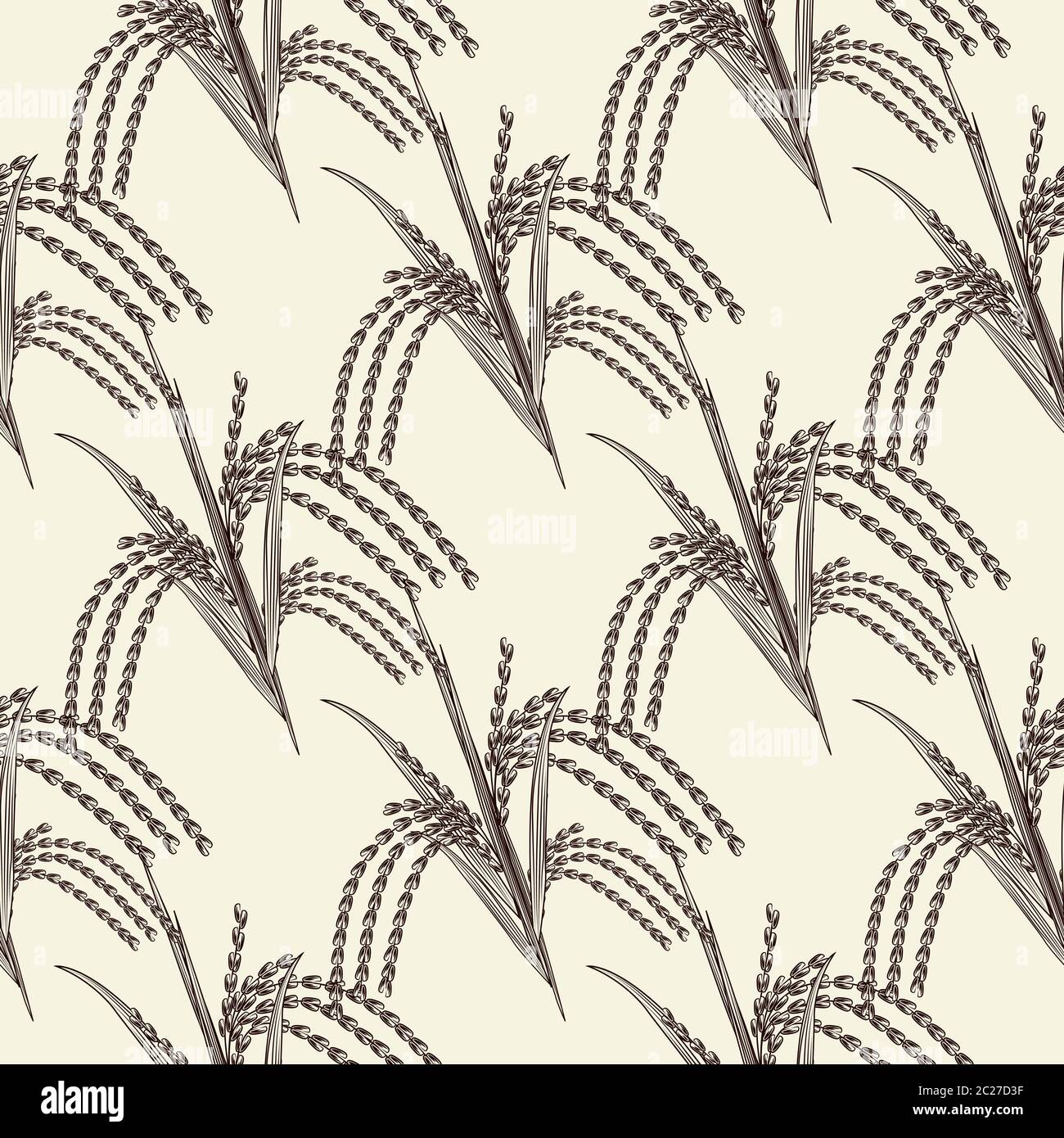 Hand drawn rice grain seamless pattern. Rice ear wallpaper. Engraving ...