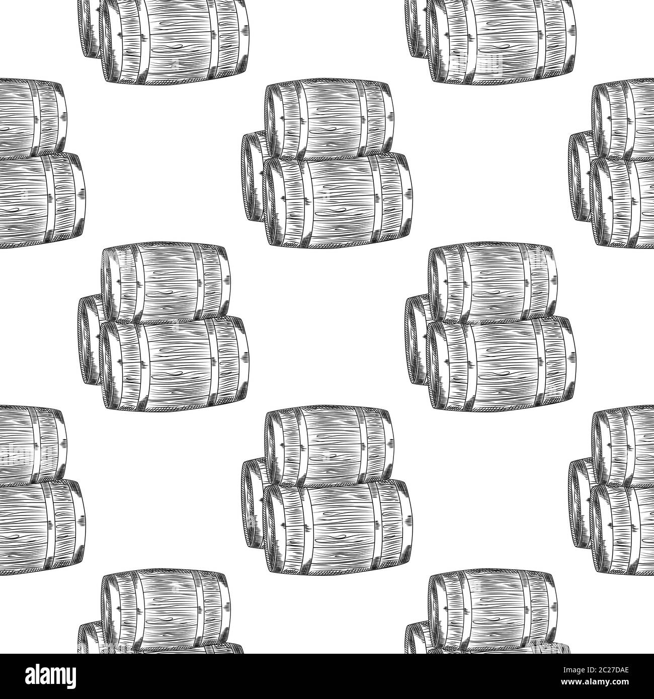 Hand drawn wood barrel seamless pattern on white background. Barrel ...