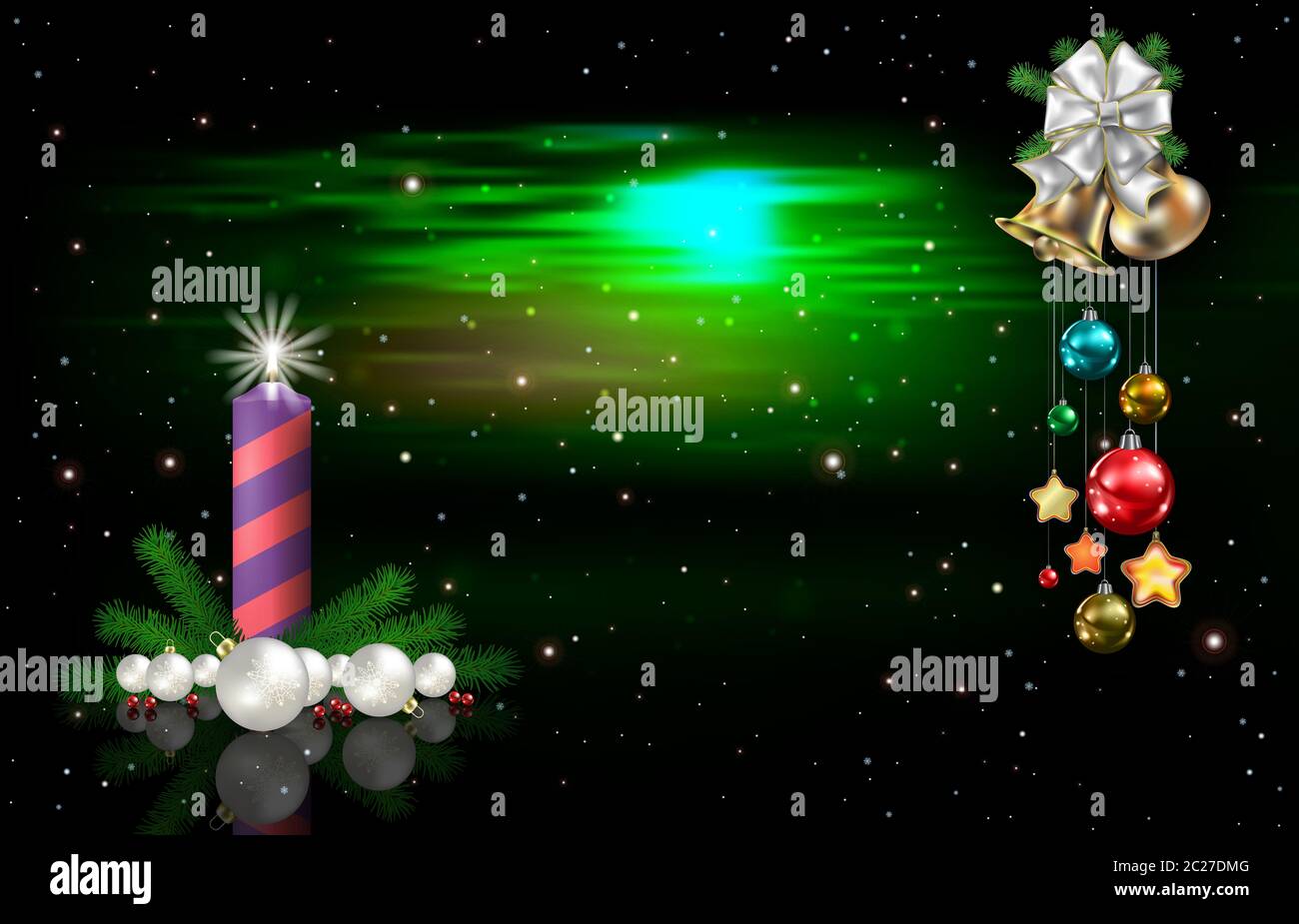 Abstract green sunset background with Christmas candle and decorations ...
