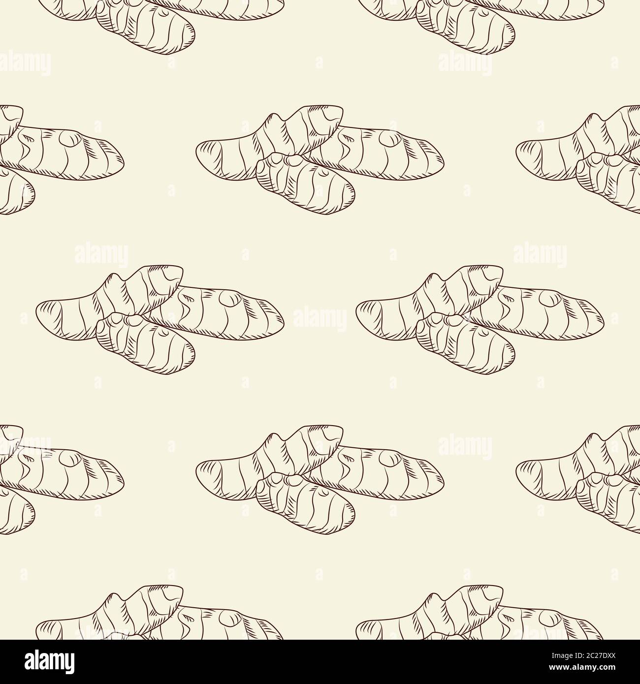 Hand drawn ginger root seamless pattern. Ginger wallpaper. Engraving ...