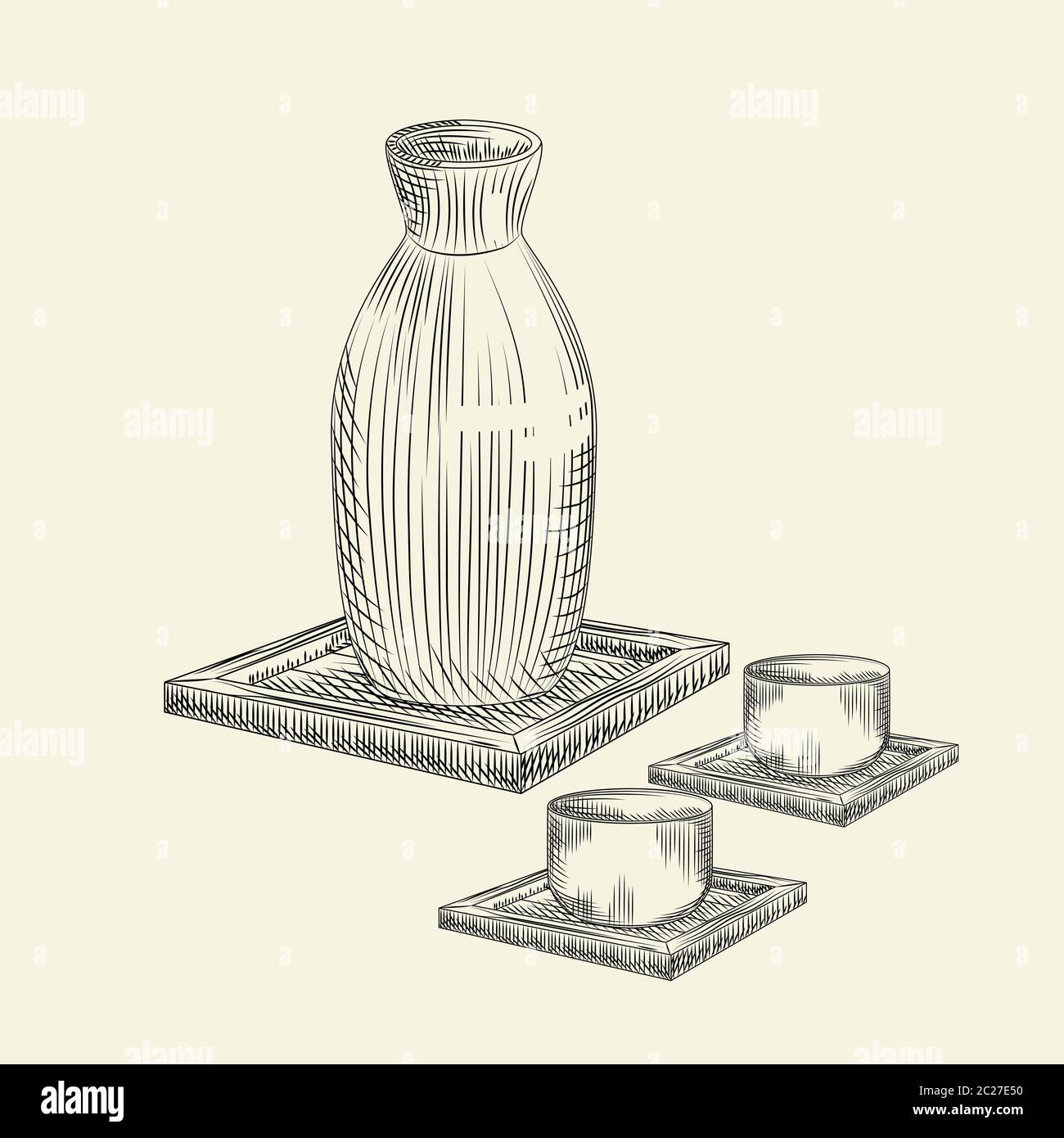 Set os Japanese sake and cup isolated on white background. Ceramic ...