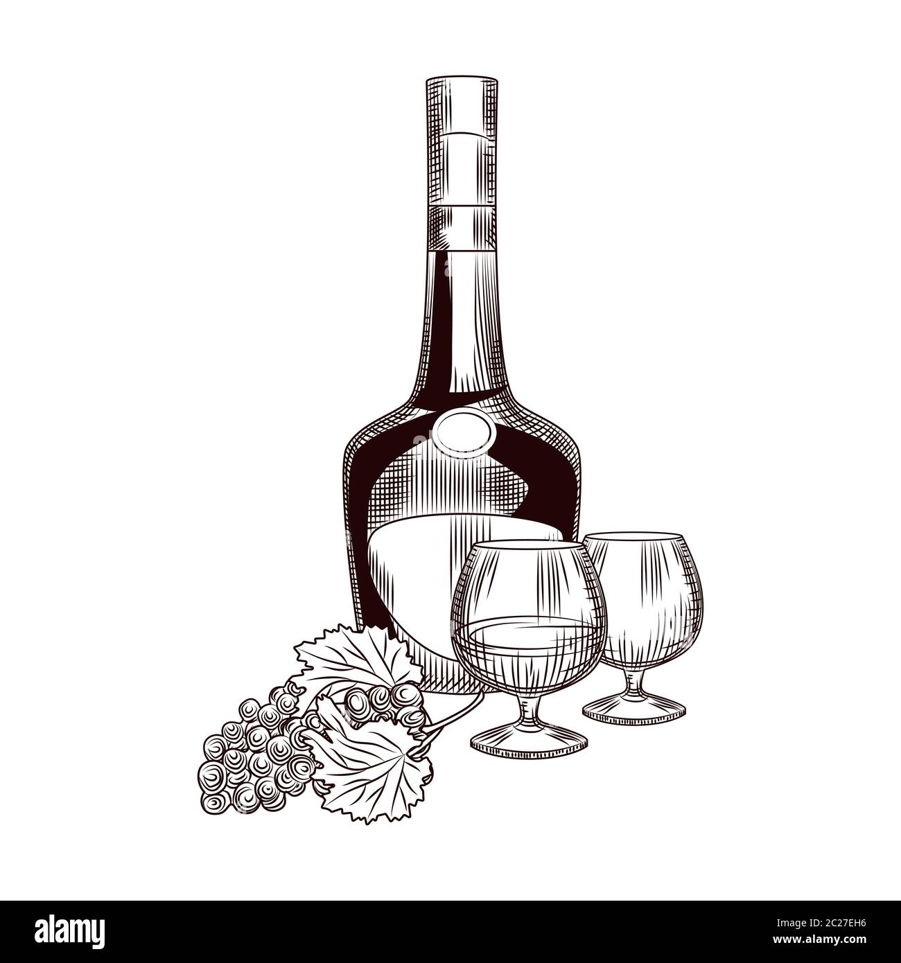 Hand drawn cognac bottle and bunch of grapes. Bottle of brandy and grapes sketch isolated on ...