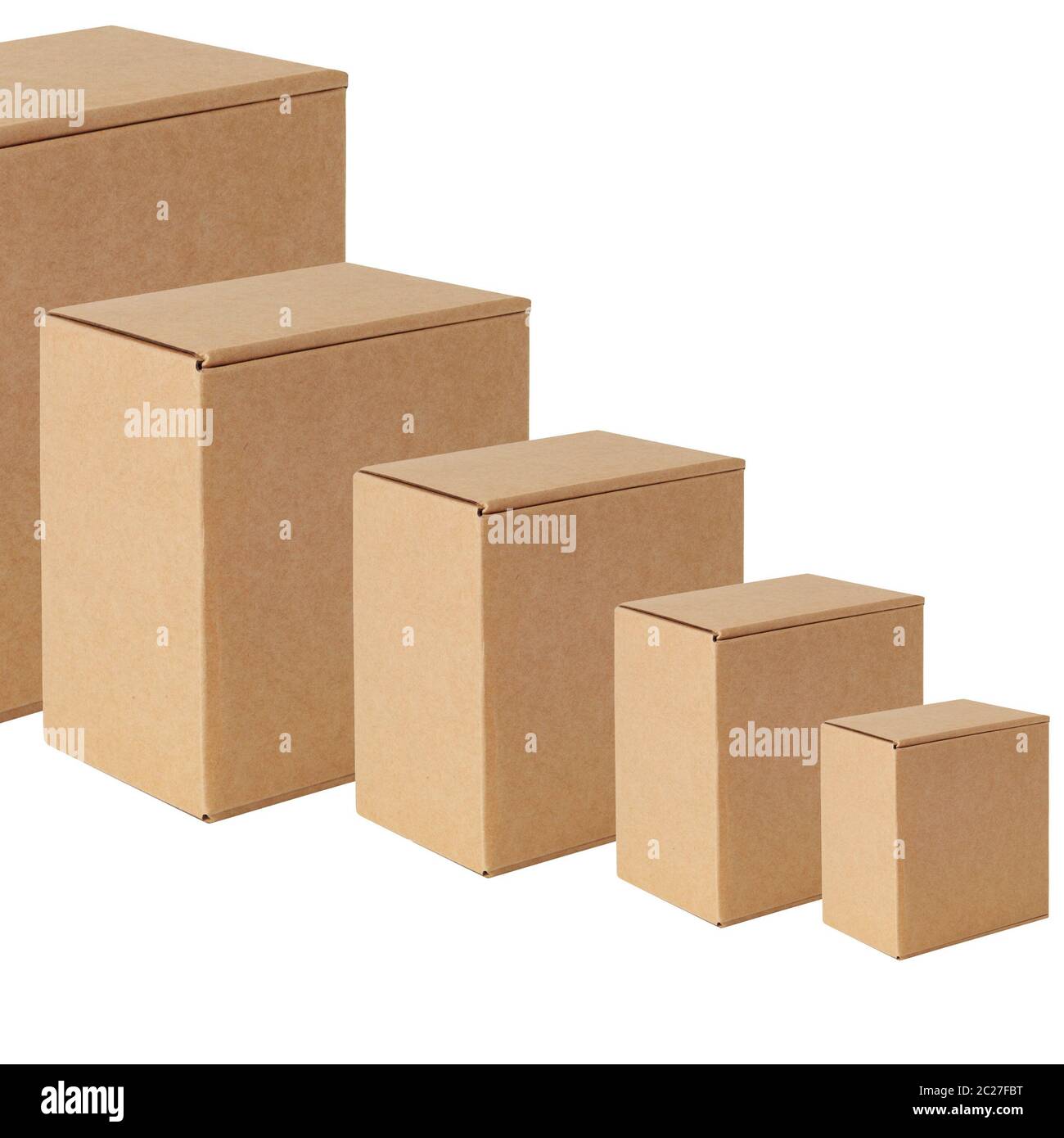 Cardboard boxes of various sizes are arranged in a row diagonally ...