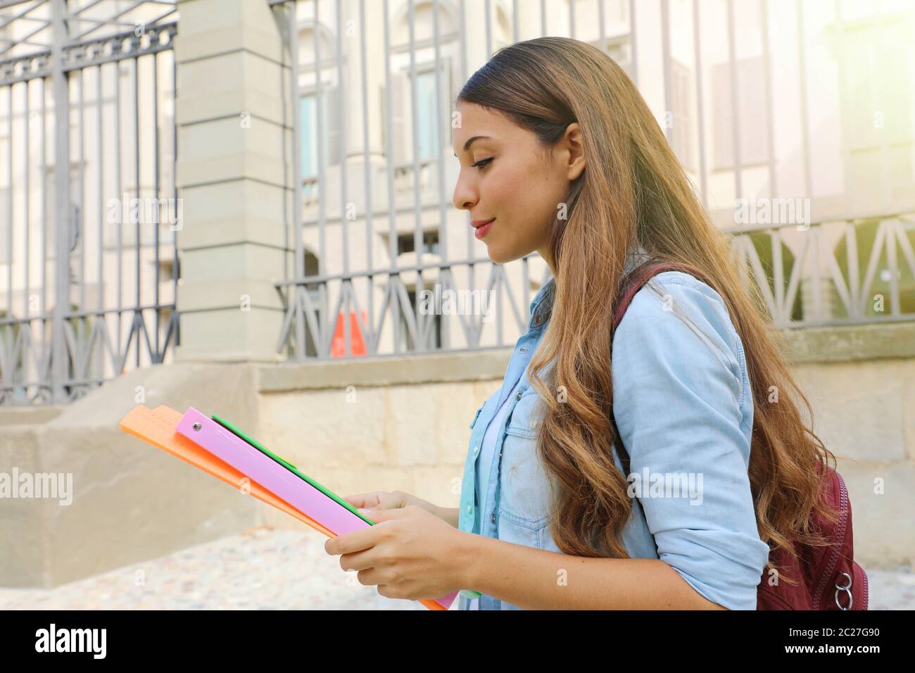 Student girl reviews the lesson outdoor before enters the school Stock ...