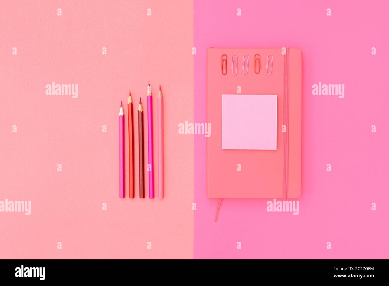 Pink notepad, pencil and marker on pink background. Flat lay. Concept ...
