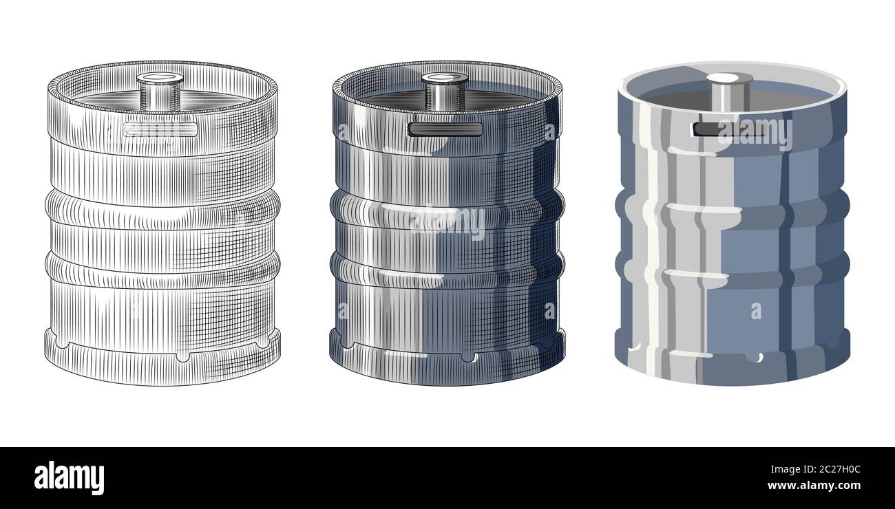 Metal beer keg isolated on white background. Hand drawn beer barrel ...