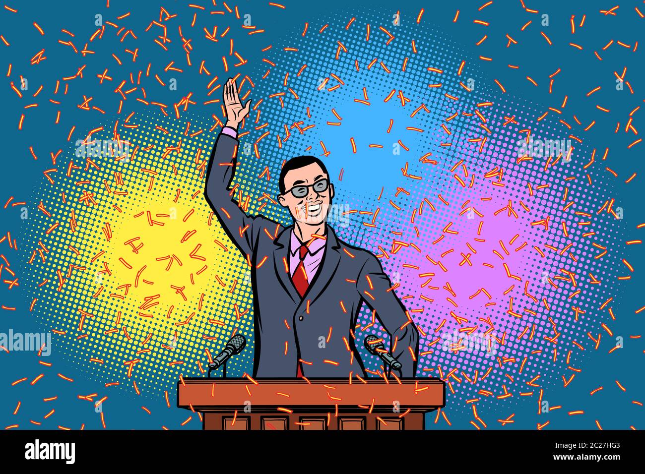 Politician candidate Asian speaker triumph victory. Comic cartoon pop ...