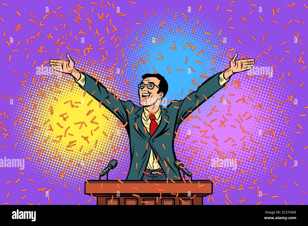 Politician candidate speaker triumph victory. Comic cartoon pop art ...