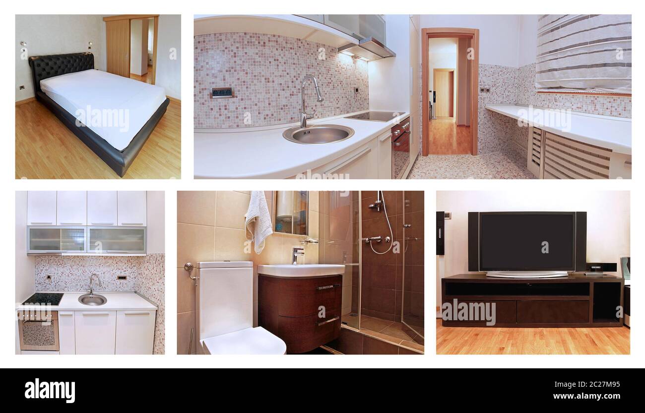 Different rooms in apartment interior collage with modern furniture ...